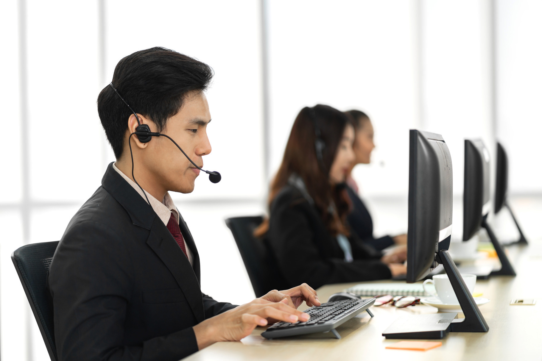 Group of happy asian smiling call center business operator custo, a ...