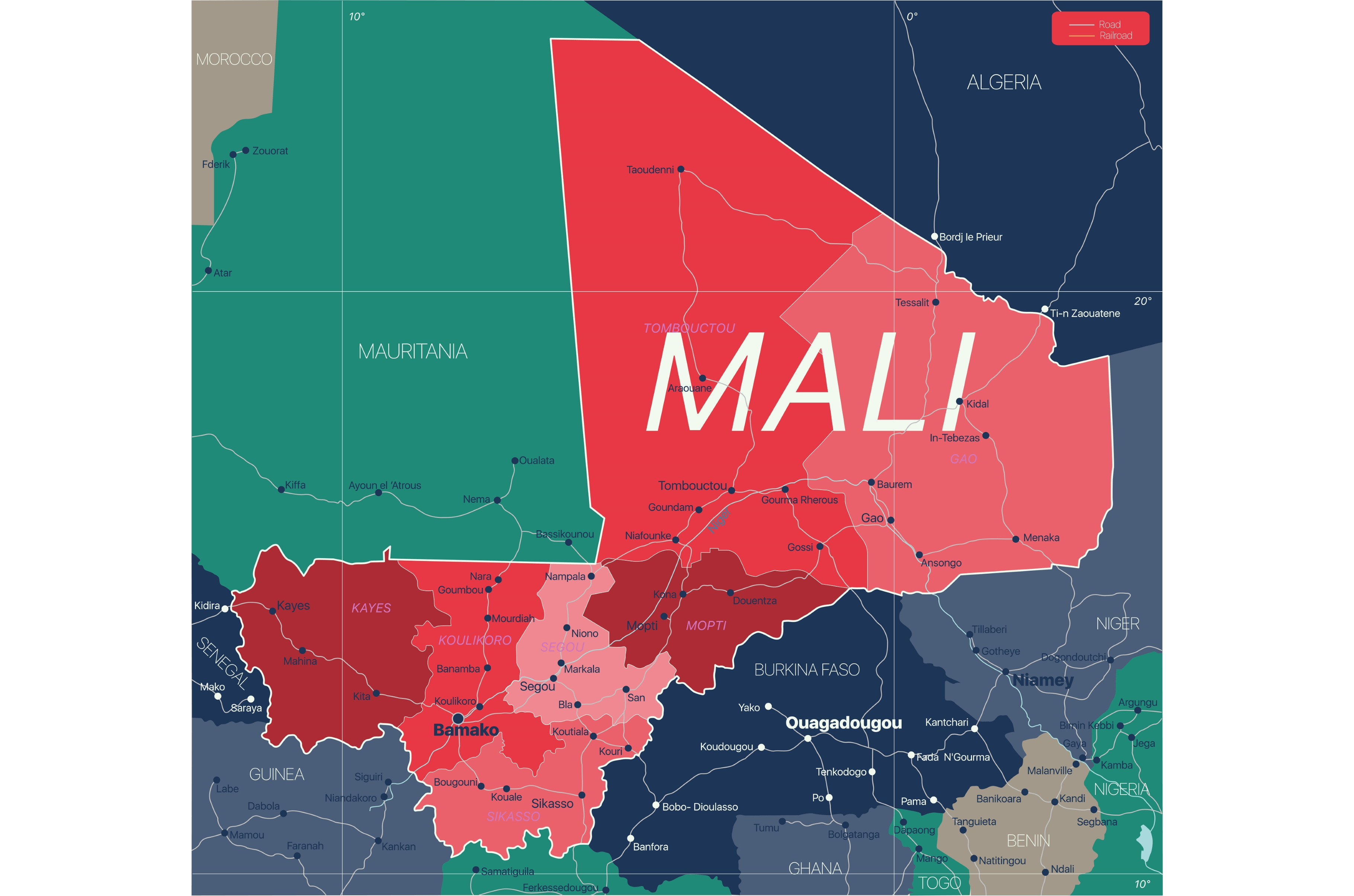 Mali country detailed editable map, an Illustration by Jan Jack Russo Media