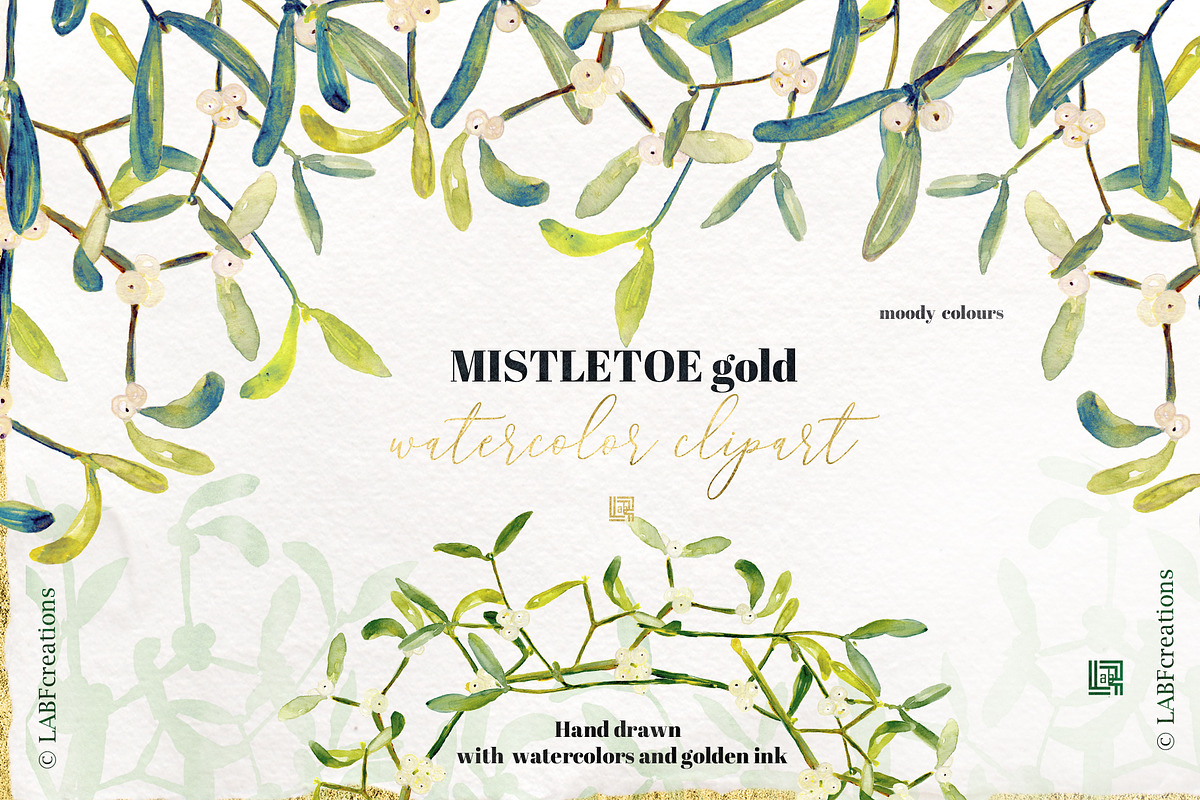 Mistletoe gold. watercolor clipart, an Illustration by LABFcreations ...