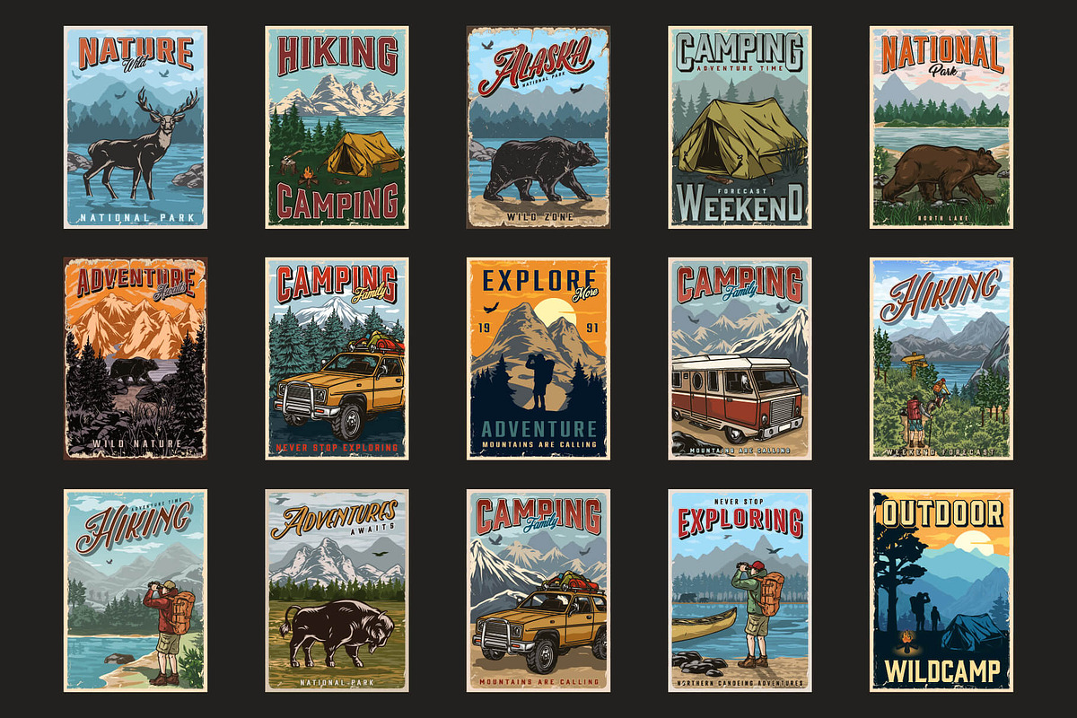 Camping bundle of 45 retro posters