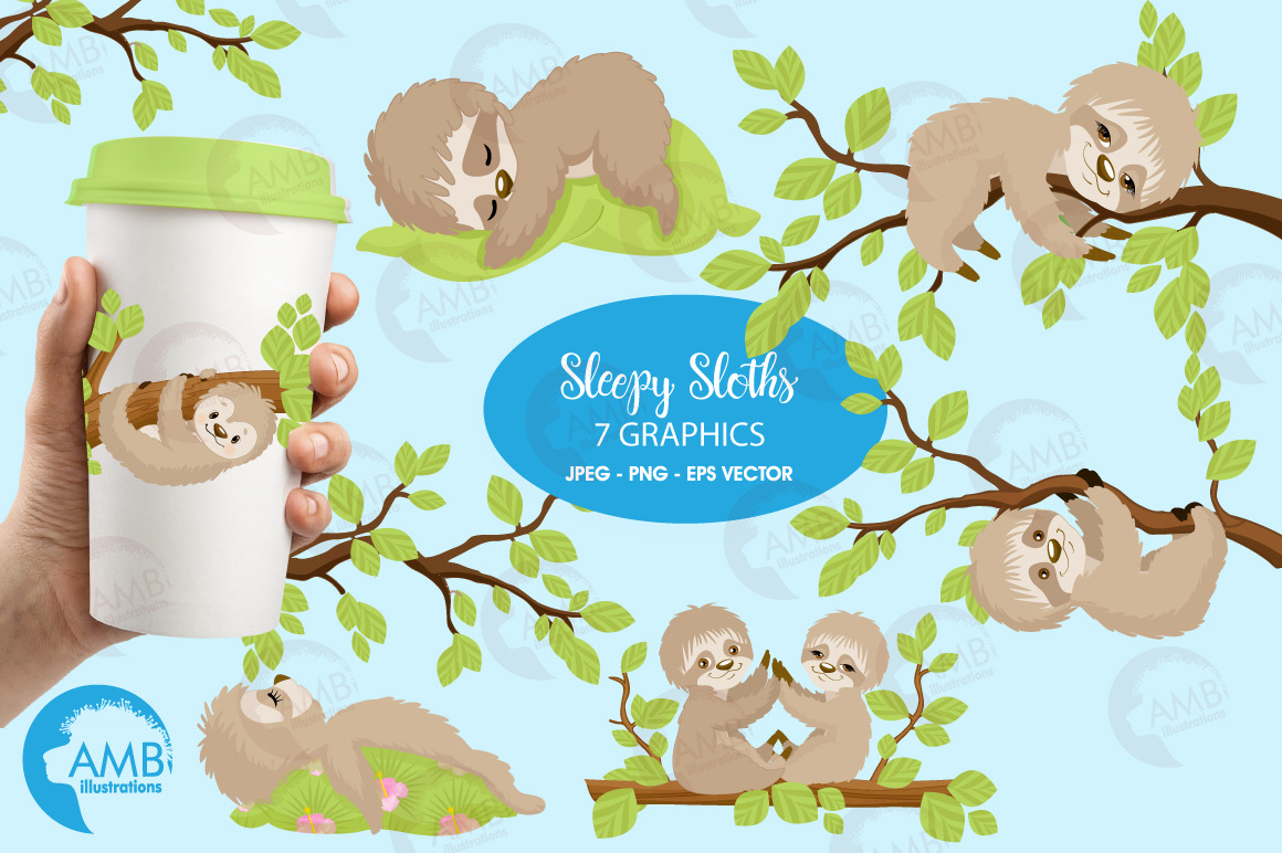 Sleepy sloth clipart AMB-2200, an Illustration by AMBillustrations