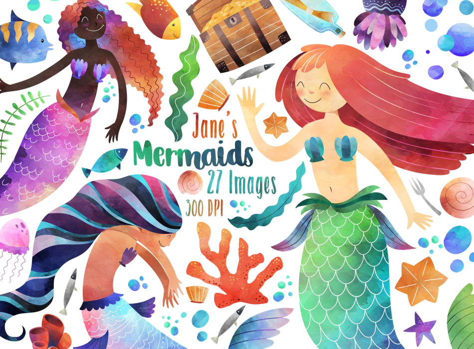 Watercolor Mermaids Clipart, an Illustration by DigitalArtsi