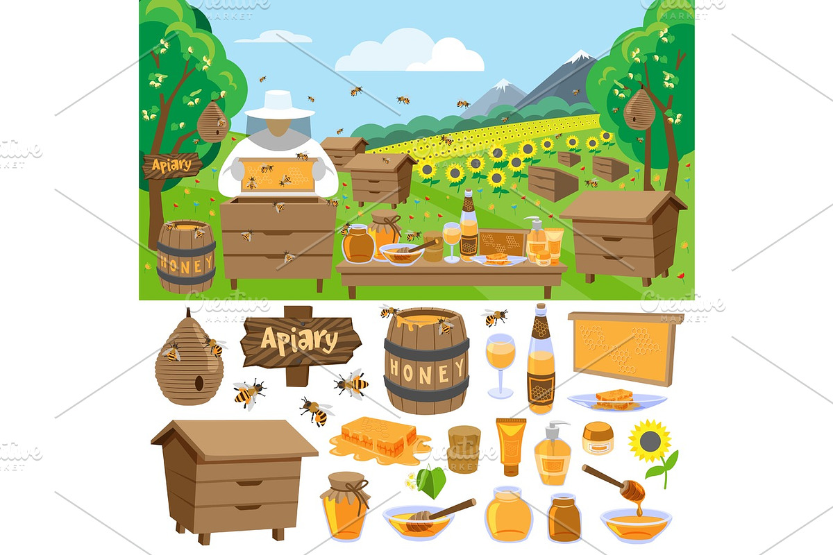 Apiary farm vector honey making icons illustration, an Animal ...