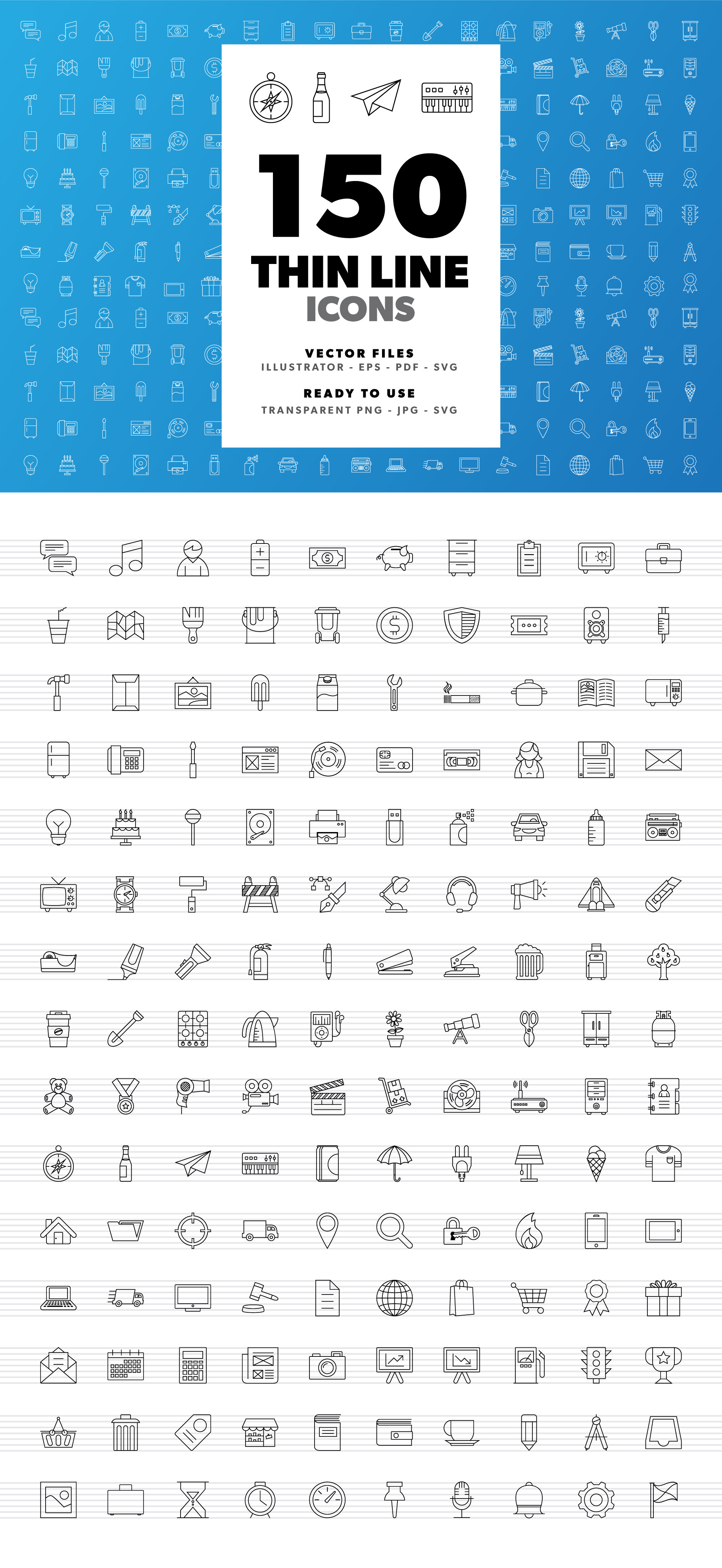150 Thin Line Icons, an Outline Icon by doghead