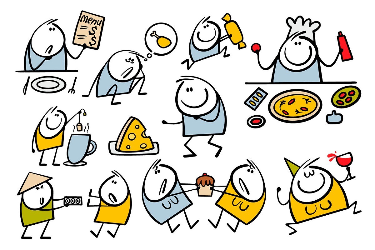 Stickman and food with drinks. | Creative Market