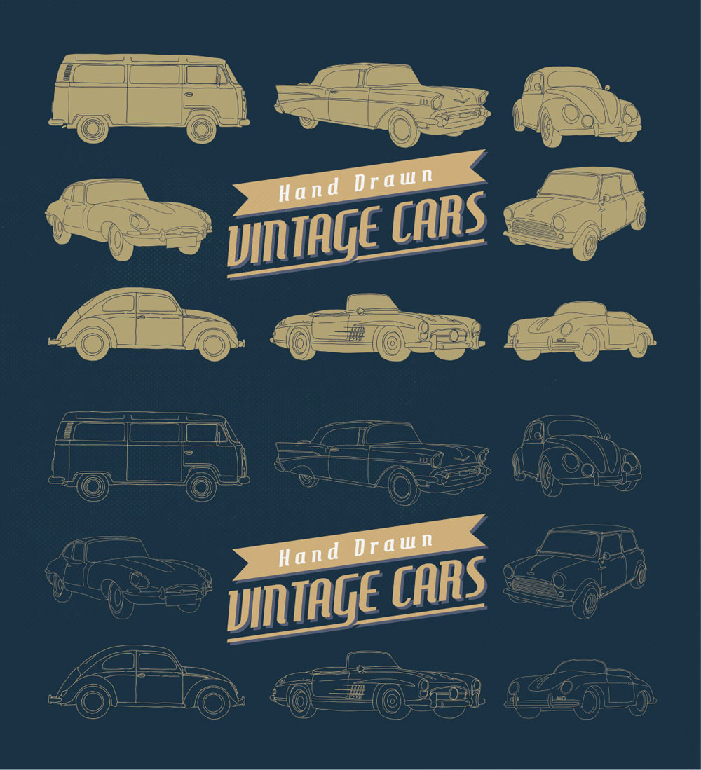 16 Hand Drawn Vintage Retro Cars, an Illustration by Seaquint