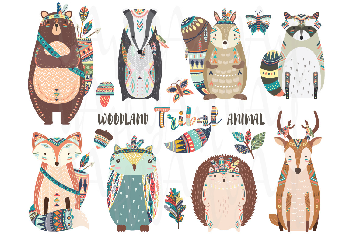 Cute Woodland Tribal Animal Set, an Animal Illustration by YenzArtHaut