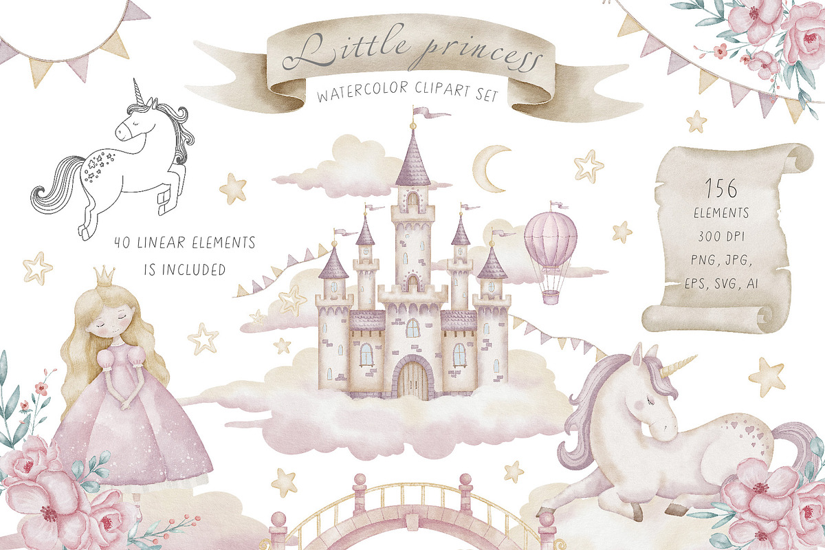 Watercolor Princess Unicorn Clipart