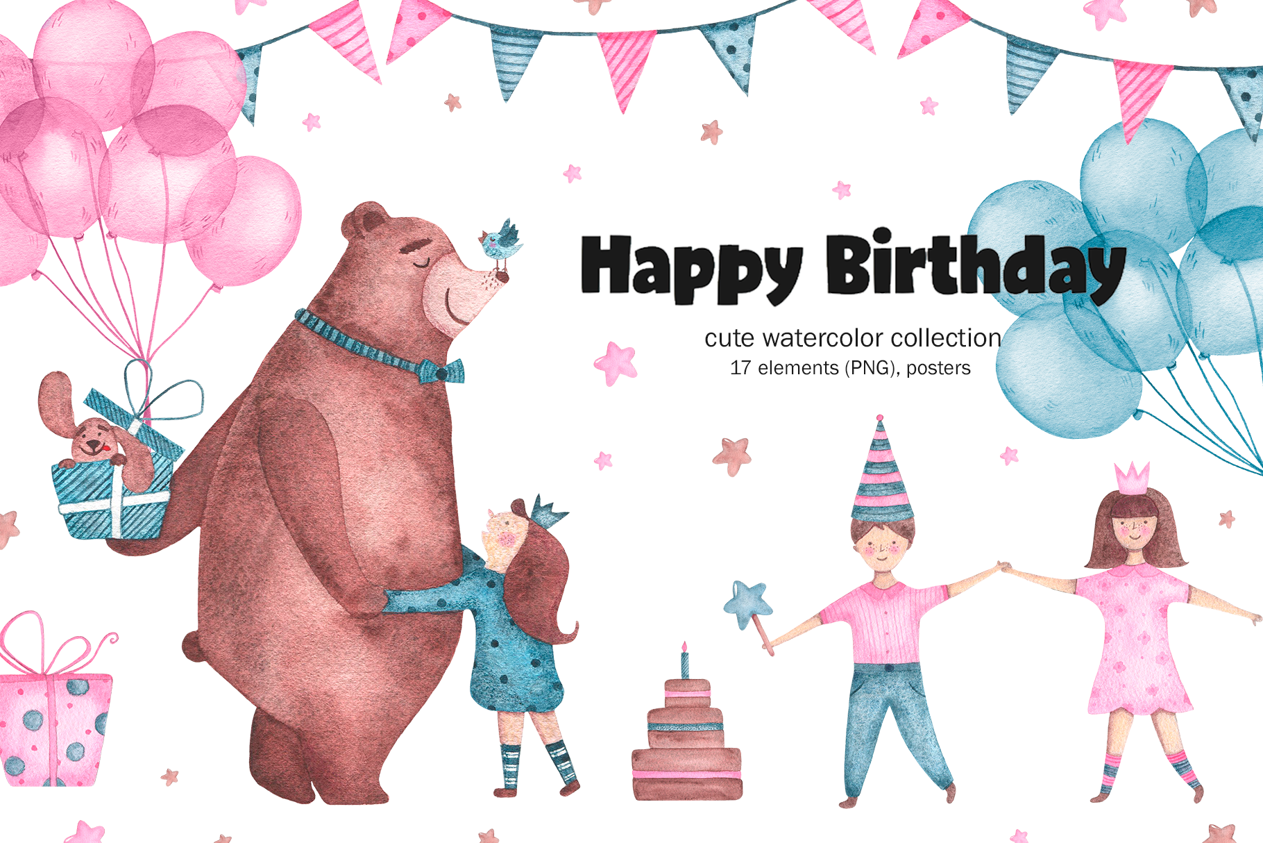 Happy Birthday - watercolor clipart, an Animal Illustration by Madiwaso