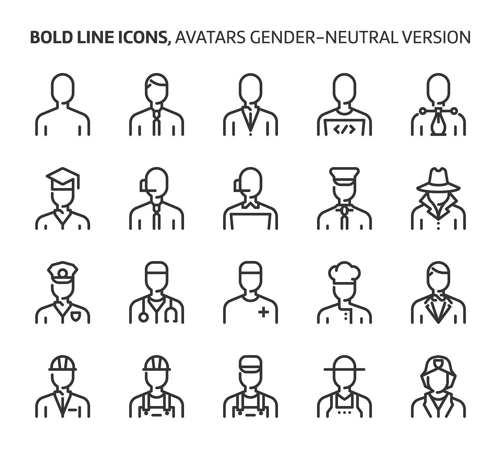 Gender neutral avatars, bold line ic, an Outline Icon by Howcolour