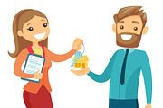 Real estate agent giving house key to a client., a Person Illustration ...