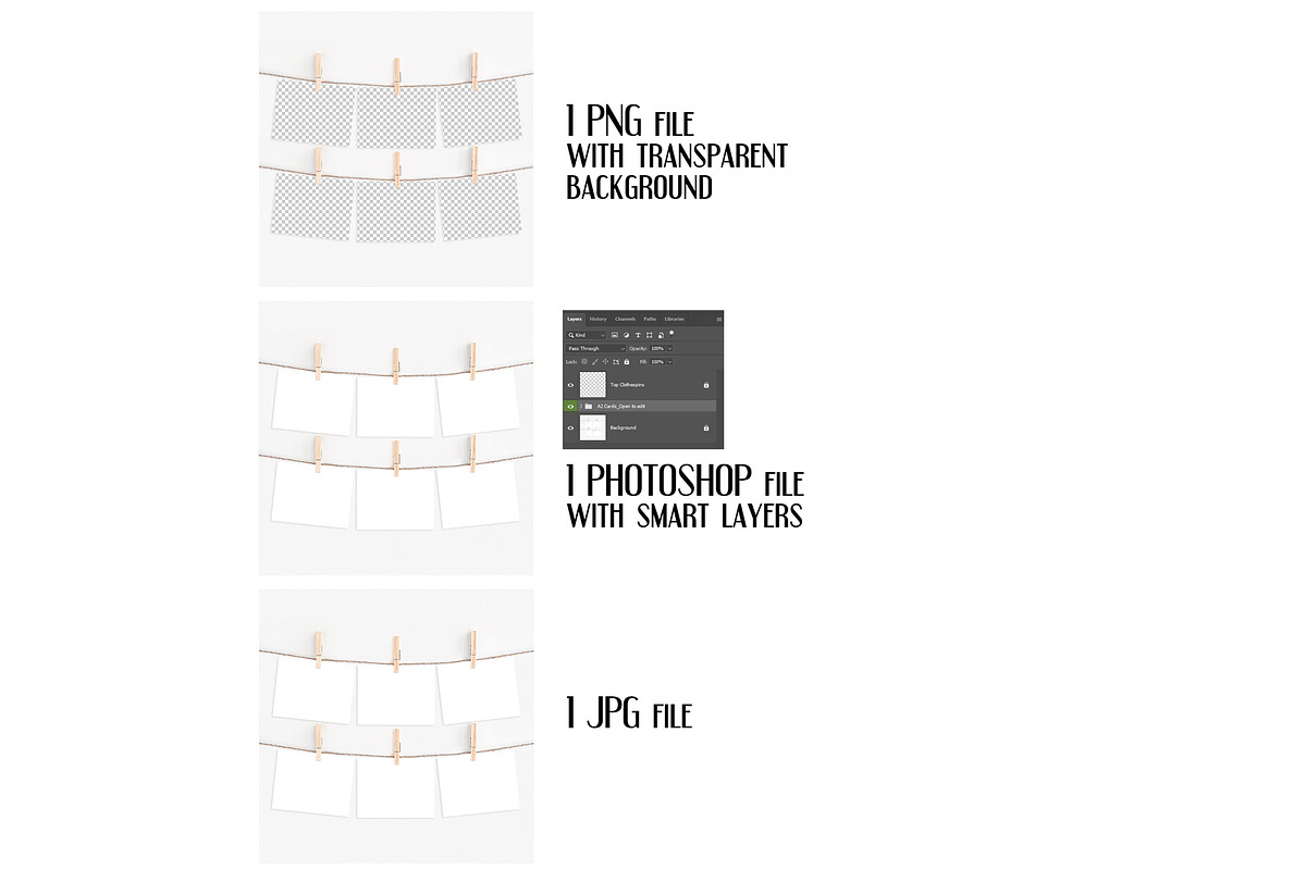 A2 Cards Mockup with clothespins, a Print Template by Dorado Stock