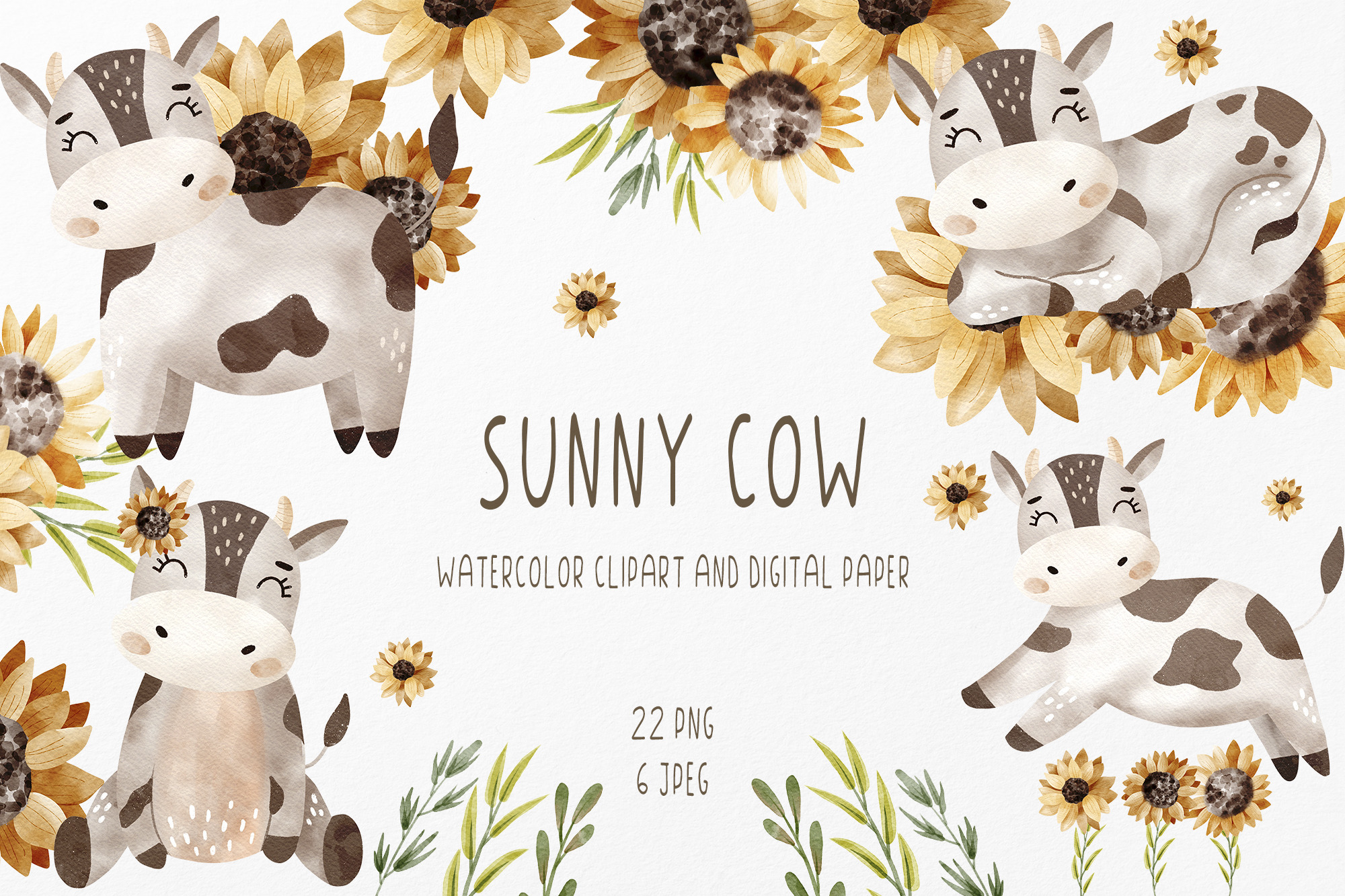 watercolor sunflower cow clipart PNG, an Animal Illustration by SleptArt