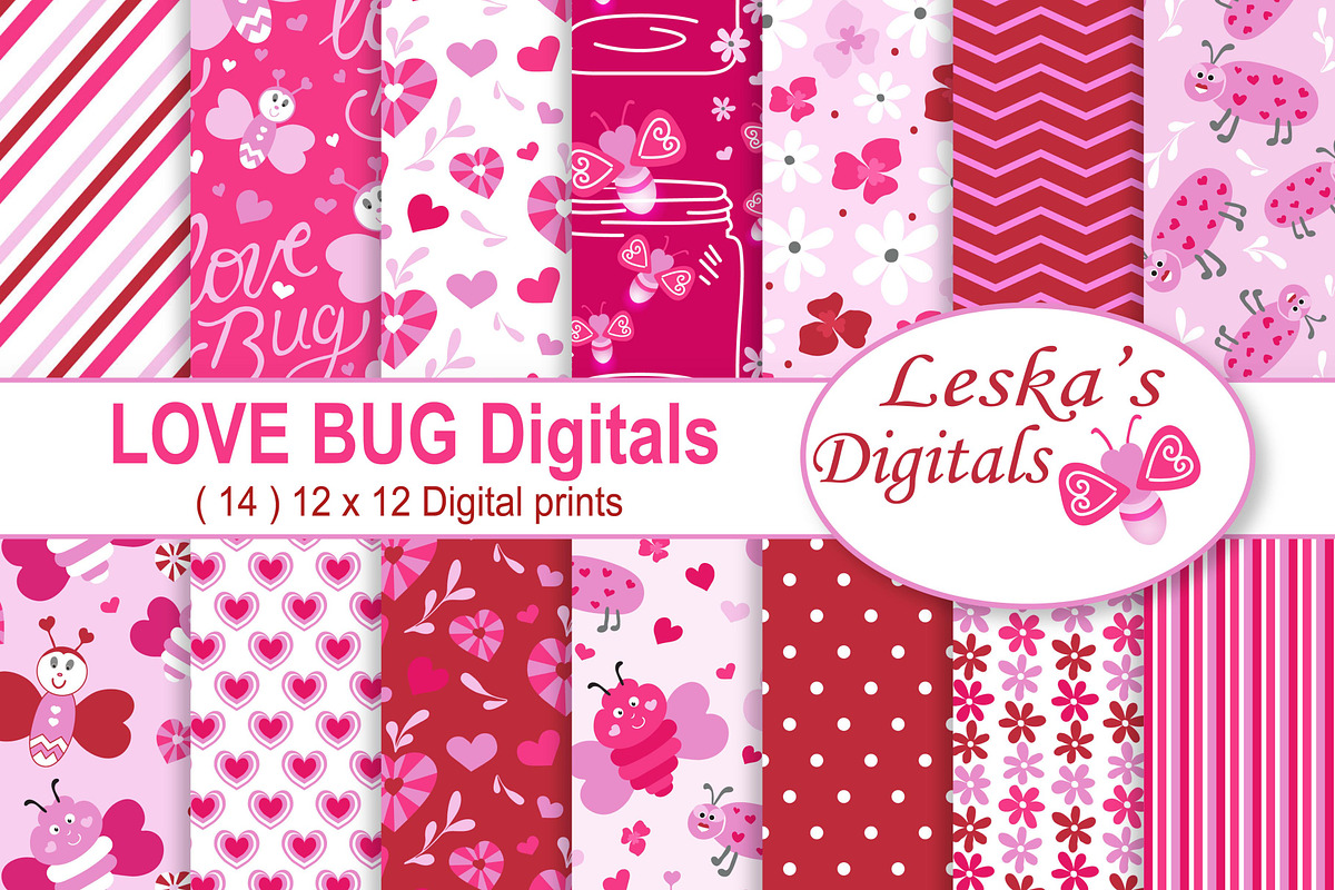 Valentine Digital Love Bug Pack, a Pattern Graphic by Leska's Digitals
