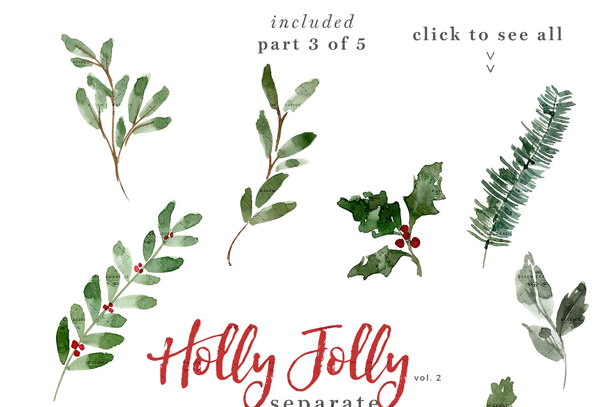 Watercolor Christmas Clipart Holly, an Illustration by Essem Creatives