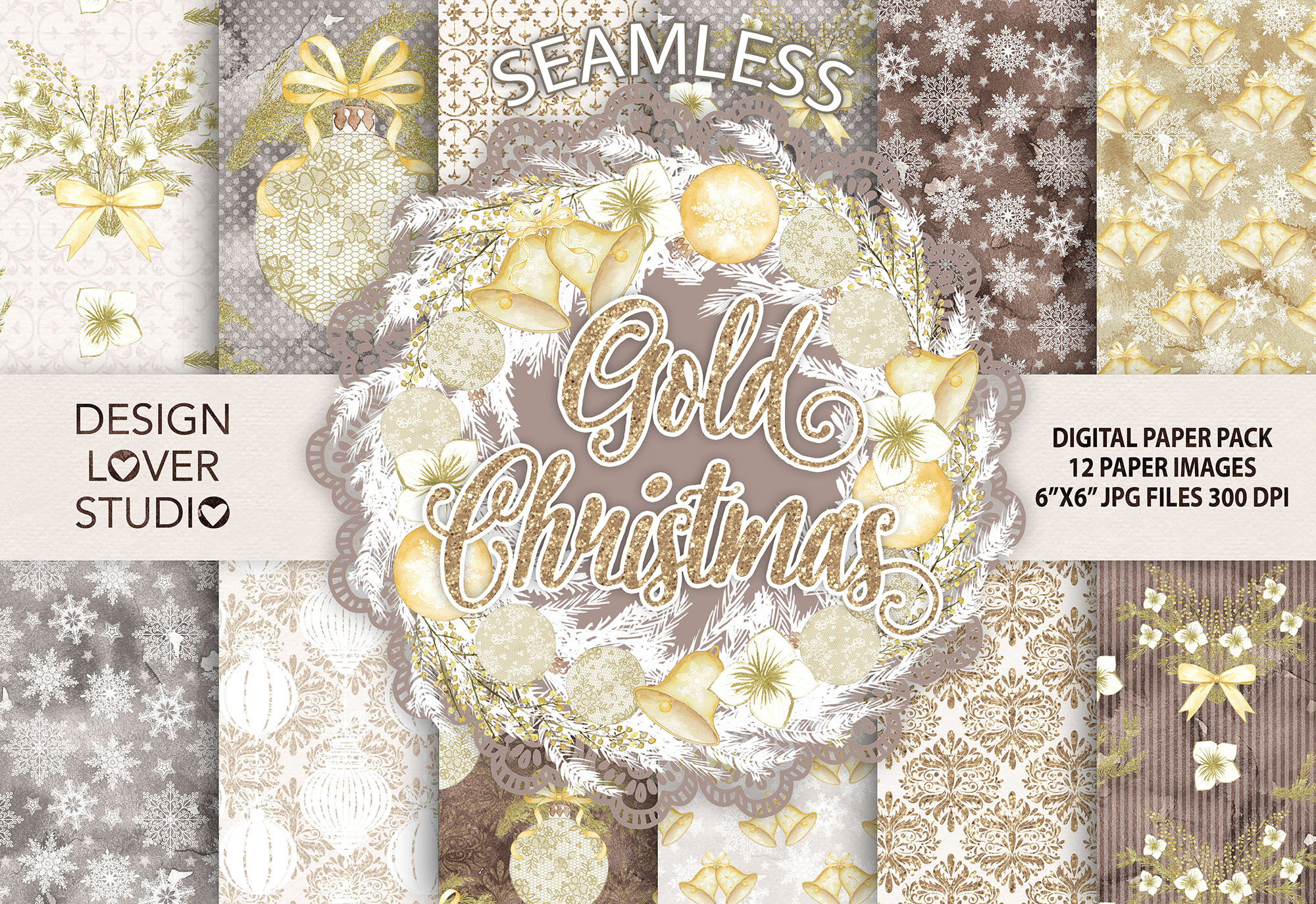 Gold Christma digital papers, a Pattern Graphic by designloverstudio