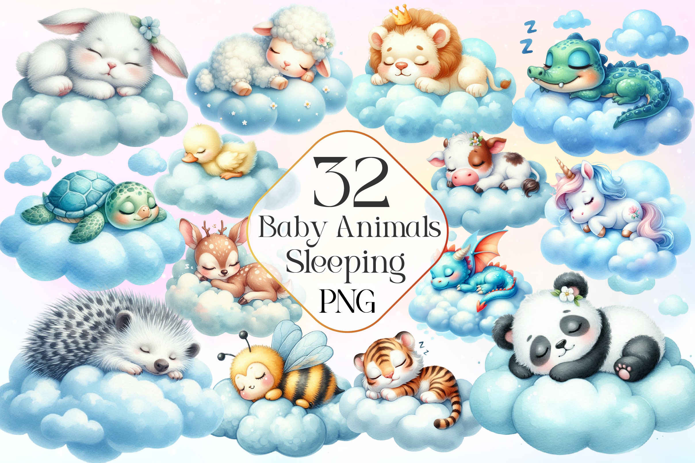 Blue Baby Animals Sleeping Clipart, a Work Illustration by LiustoreCraft