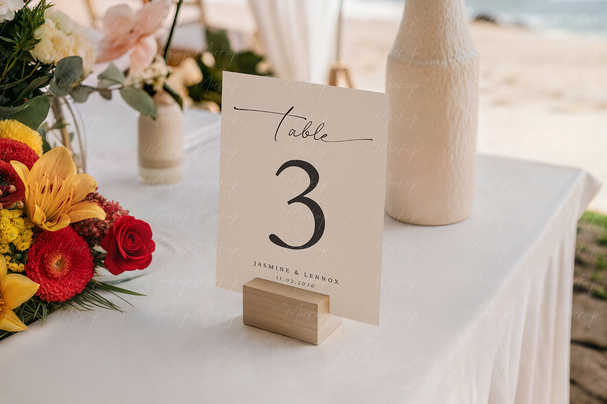 Tropical Beach Table Sign Mockup, a Product Mockup by TatiMockup