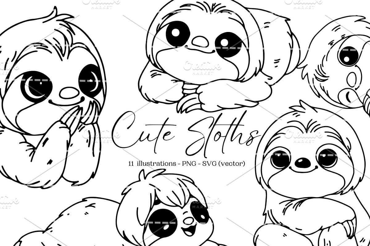 Sloth Digital Stamps PNG and Vector, an Animal Illustration by Little ...