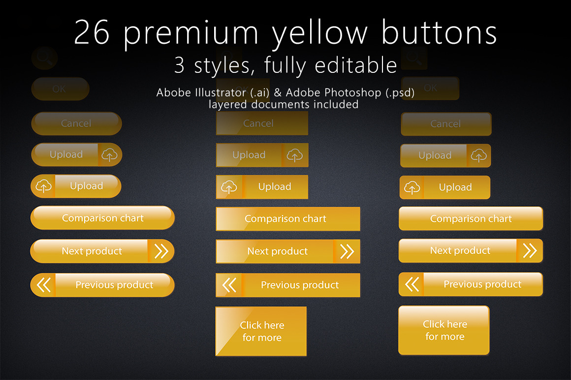 26 glossy yellow gold buttons, an UI Kit Template by DutchDigitalDesign