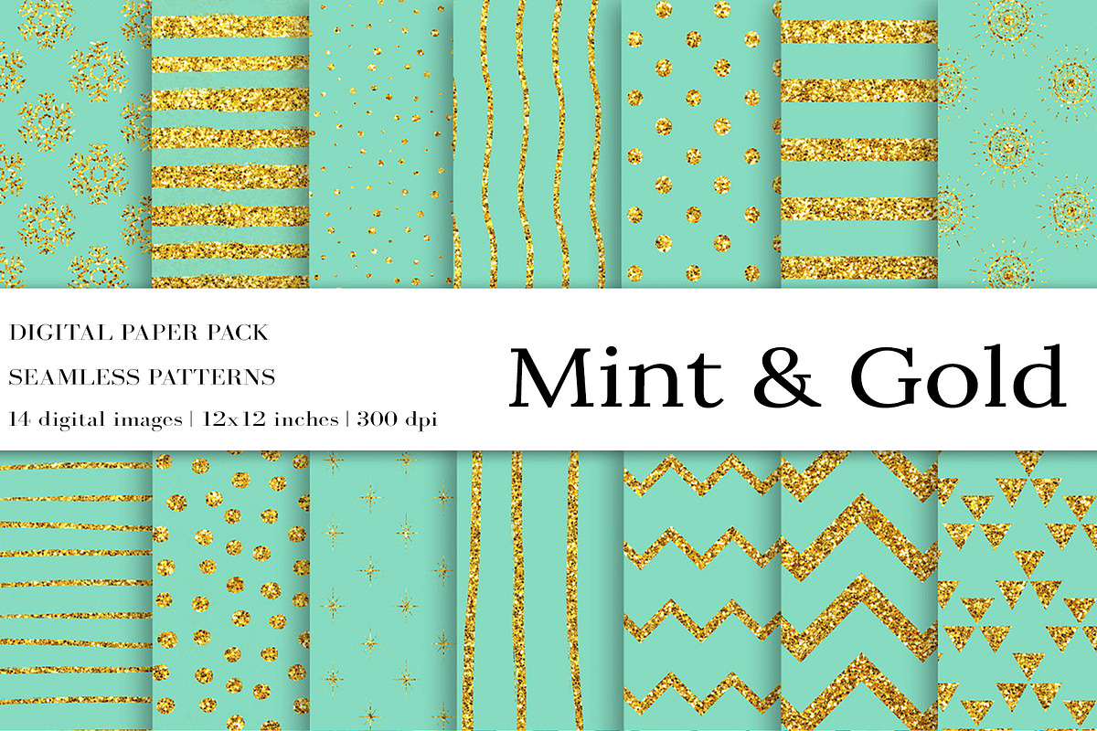Mint Gold Digital Paper, a Pattern Graphic by BonaDesigns