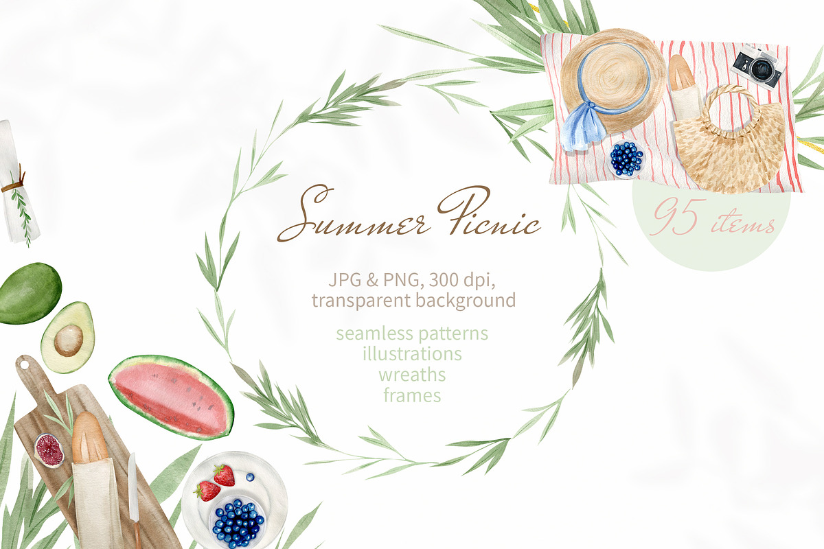 Watercolor Summer Picnic Clipart, a Food Illustration by NataliArkushArt
