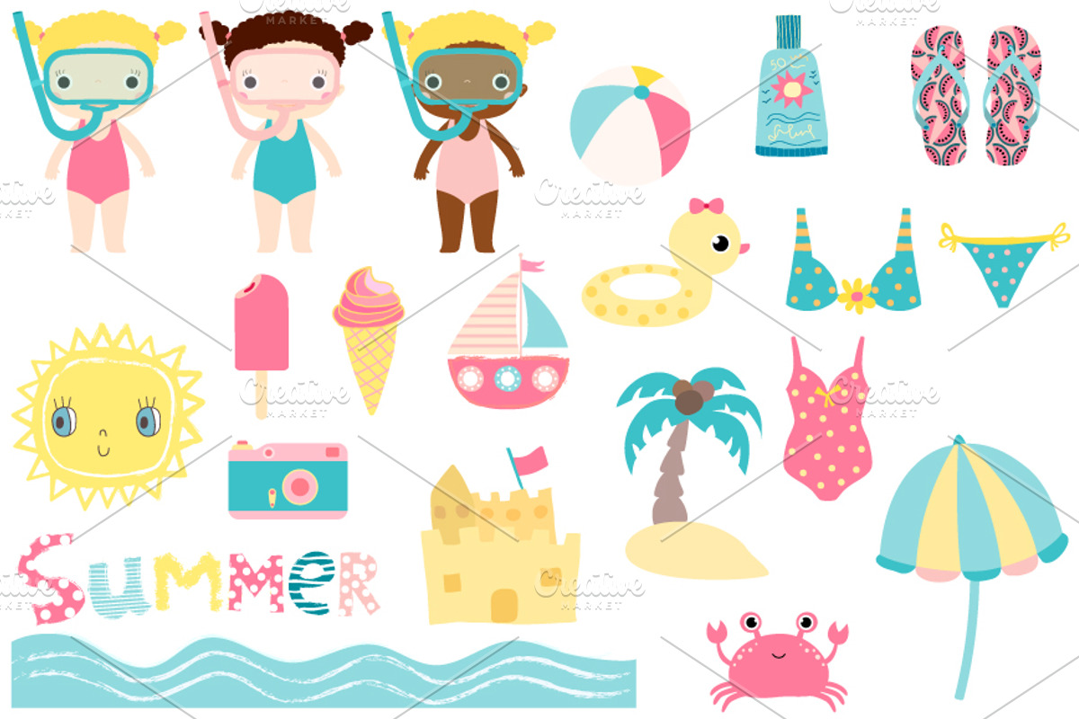 Summer beach holiday clipart set, an Illustration by Pravokrugulnik