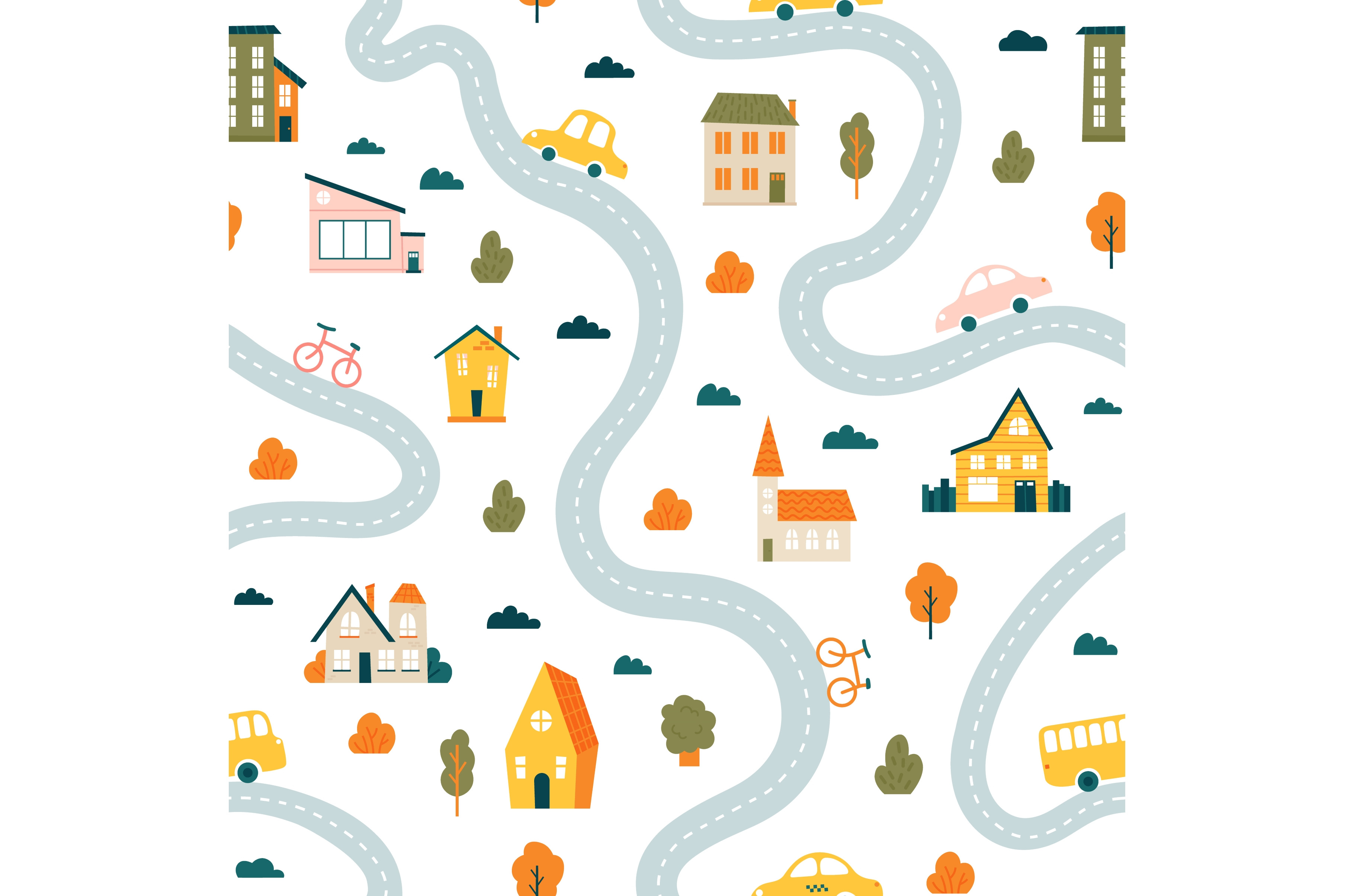 Town map pattern. Seamless cute | Transportation Illustrations ...