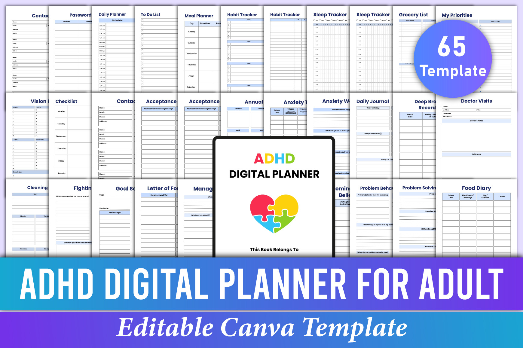 Editable Adhd Digital Planner Canva