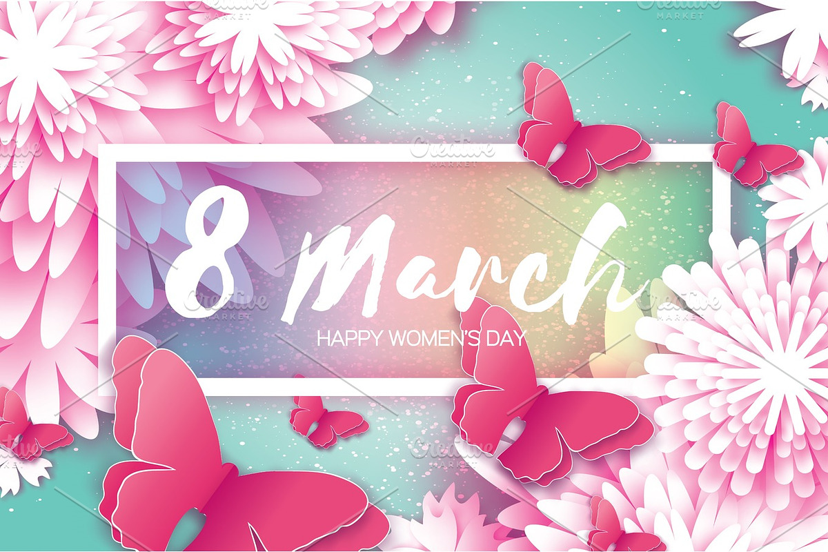 8 March. Women's and Mother's Day. Paper cut Butterfly. Origami flower ...