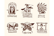 set of engraved vintage, hand drawn, old, labels or badges for indian ...