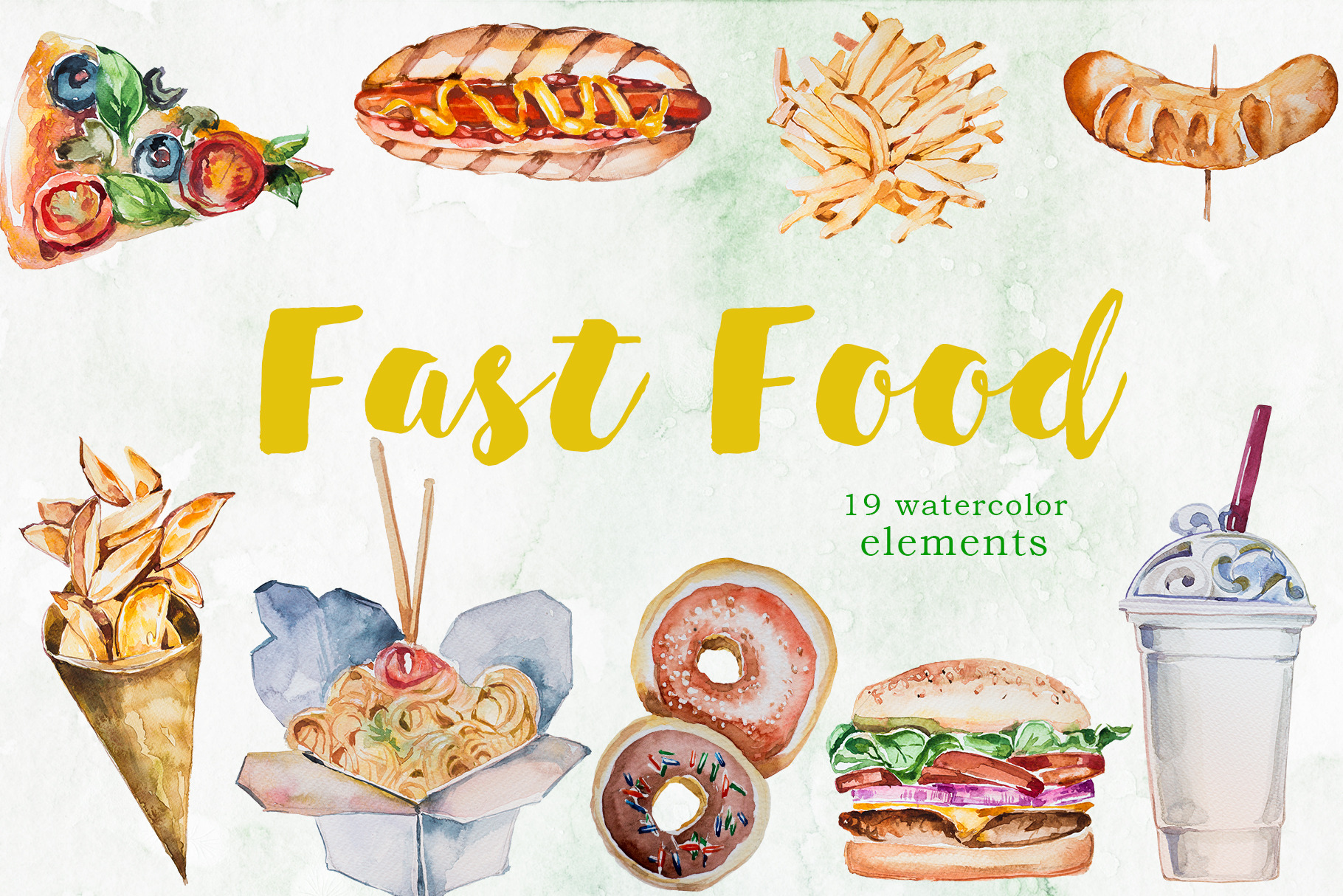 Watercolor Fast Food Clipart Set, a Food Illustration by ArtCreationsDesign