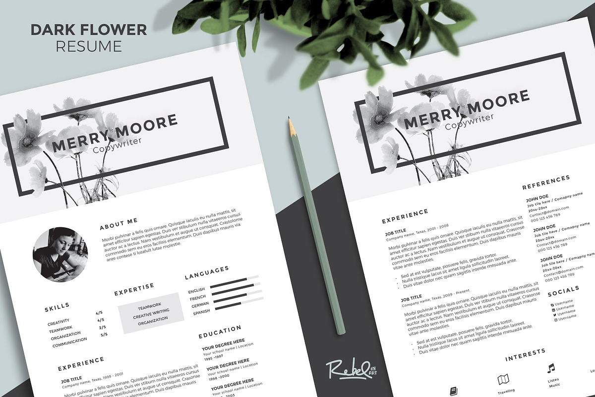 drkFloral Resume/CV Template 3 pages, a Resume Template by Rebelinart ...