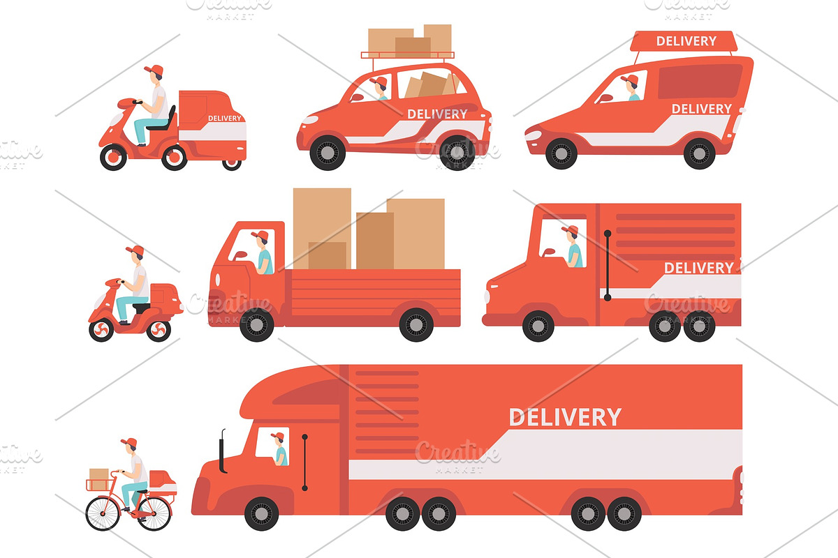 Red delivery vehicles set, express, a Person Illustration by TopVectors
