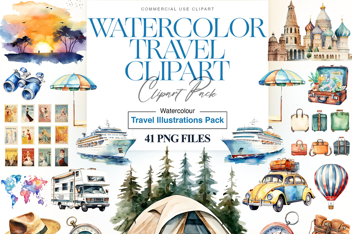Watercolor Travel Clipart, Summer PNG