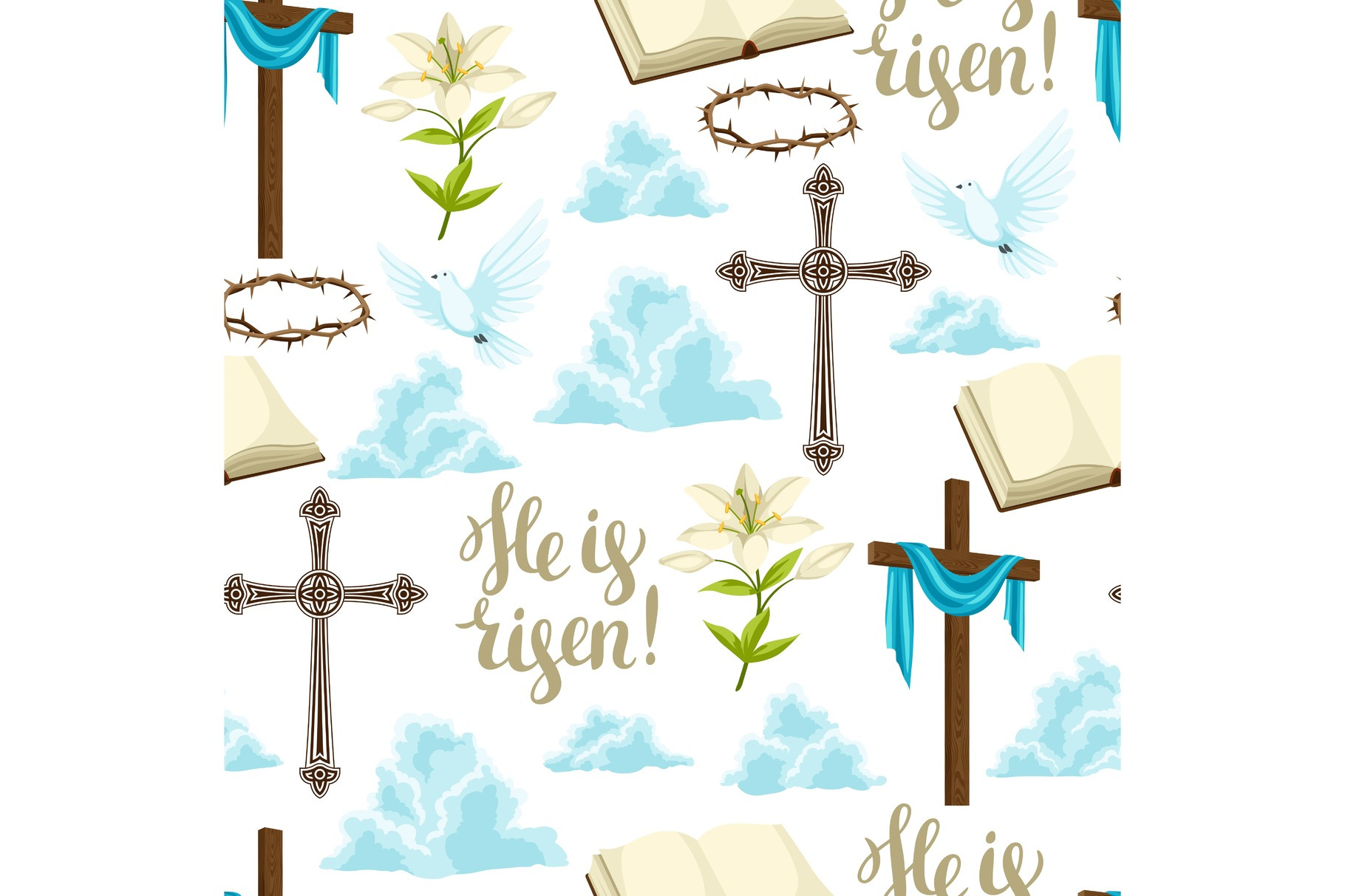 Happy Easter seamless pattern of decorative objects. Religious symbols ...