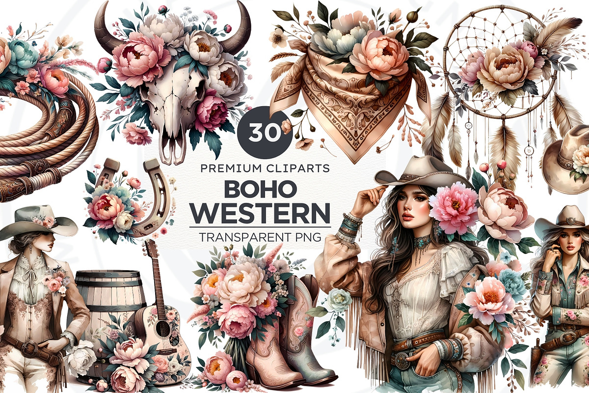 Watercolor Boho Western Clipart, a Seasonal Illustration by ThatsDesign ...