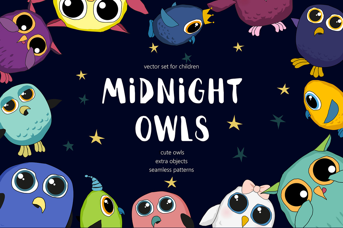 Midnight Owls - vector set for kids, an Illustration by Satika
