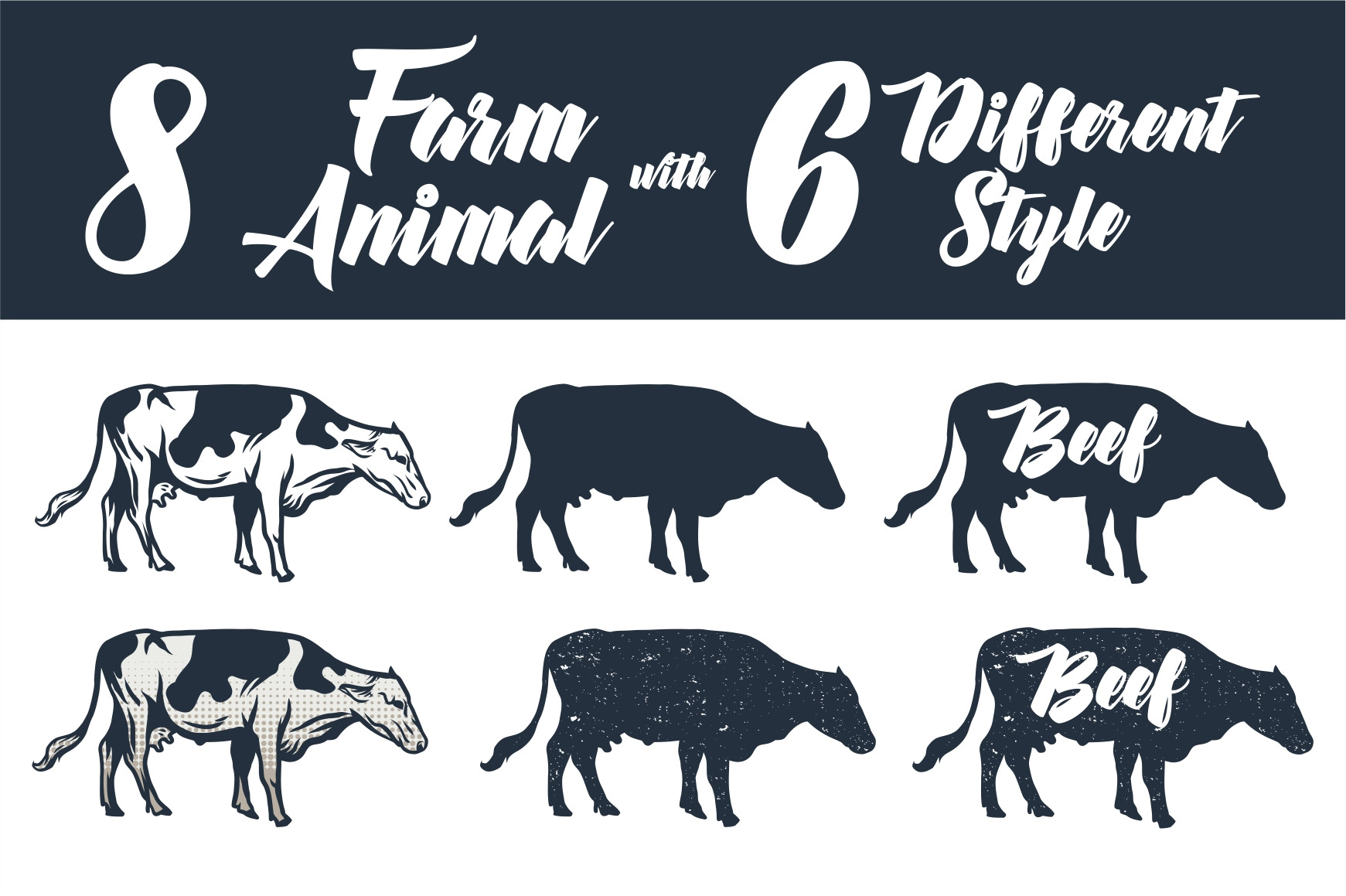 8 Farm Animal with 6 Different Style, an Animal Illustration by weervector
