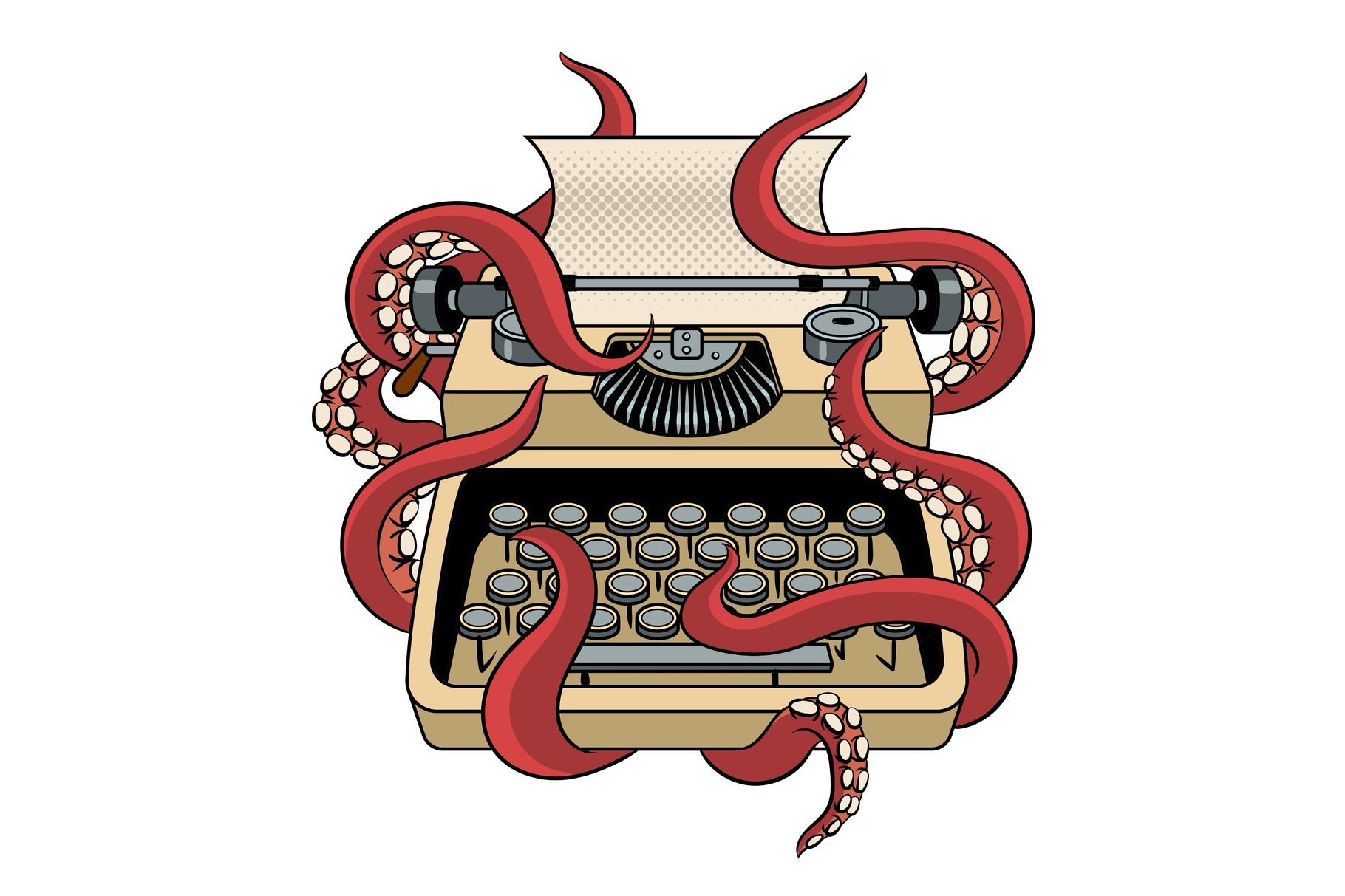Typewriter with octopus tentacles pop art vector, a Decorative ...