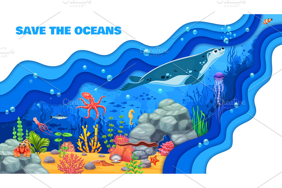 Save the oceans paper cut banner, an Animal Illustration by Vector ...