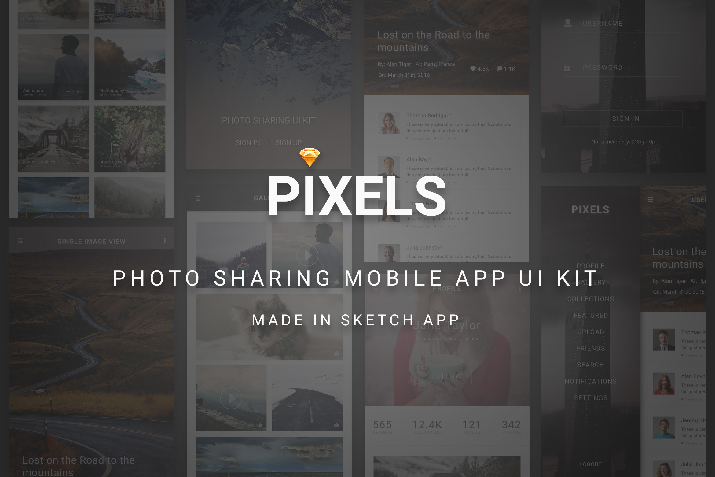 Pixels - Photo Sharing Sketch APP, an UI Kit Template by themelove