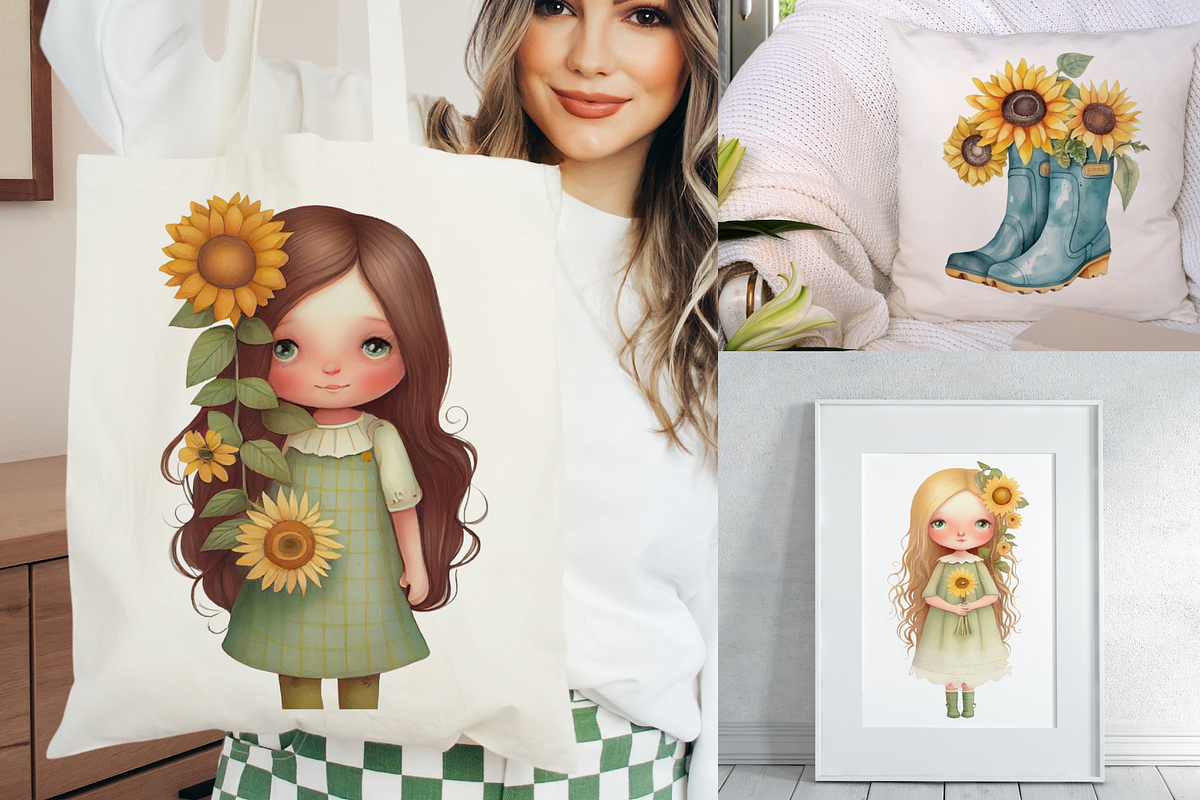 Sunflower Girls Watercolor Clipart, a Person Illustration by NadiaTheronArt