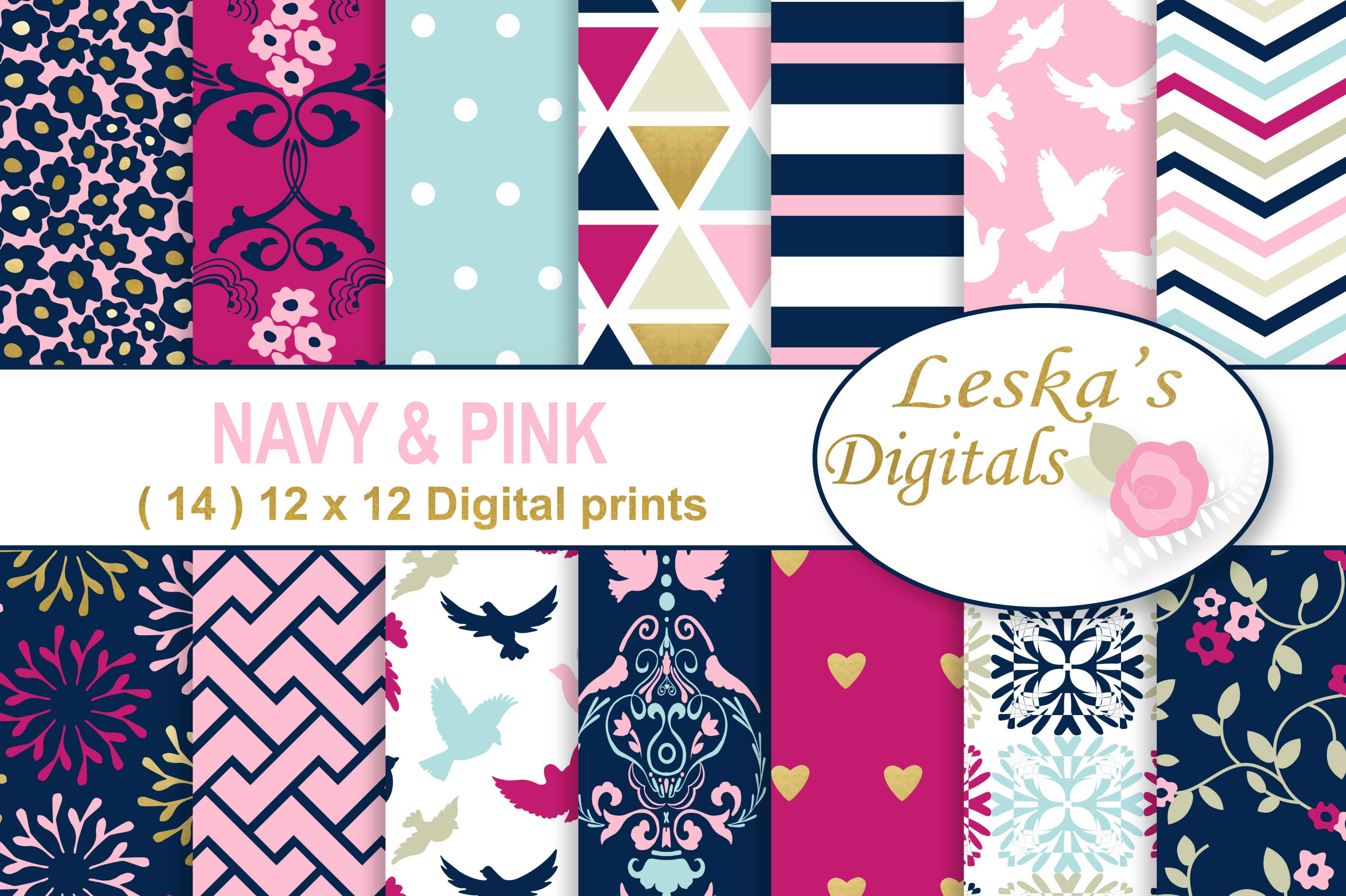 Navy Pink & Gold Digital Paper, a Pattern Graphic by Leska's Digitals