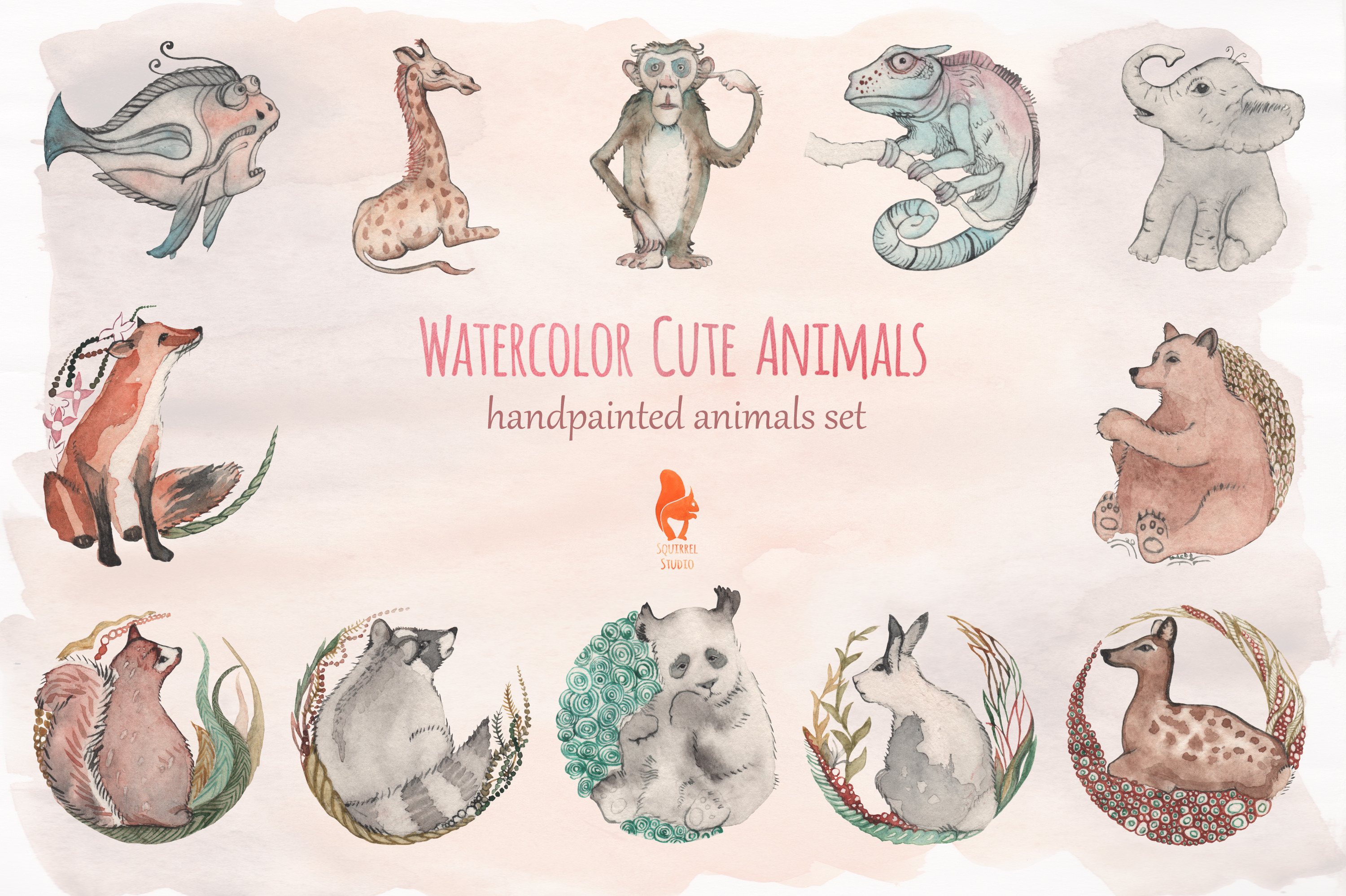 Watercolor Cute Animals, an Animal Illustration by SquirrelStudio ...