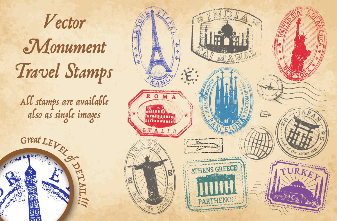 Monument Vector Travel Stamps 1, an Illustration by Pingebat