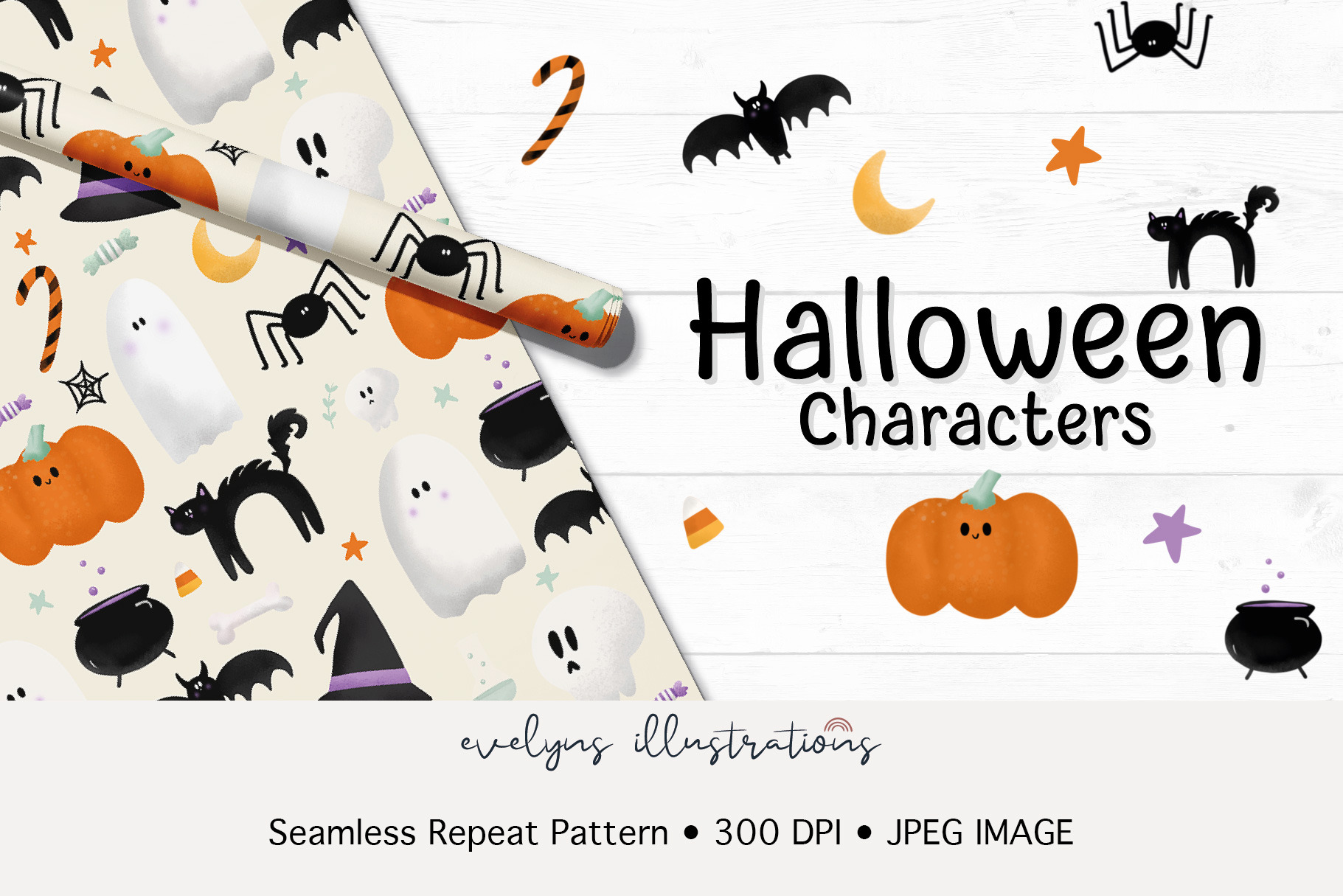 Halloween Characters Seamless, a Pattern Graphic by Evelyns Illustrations