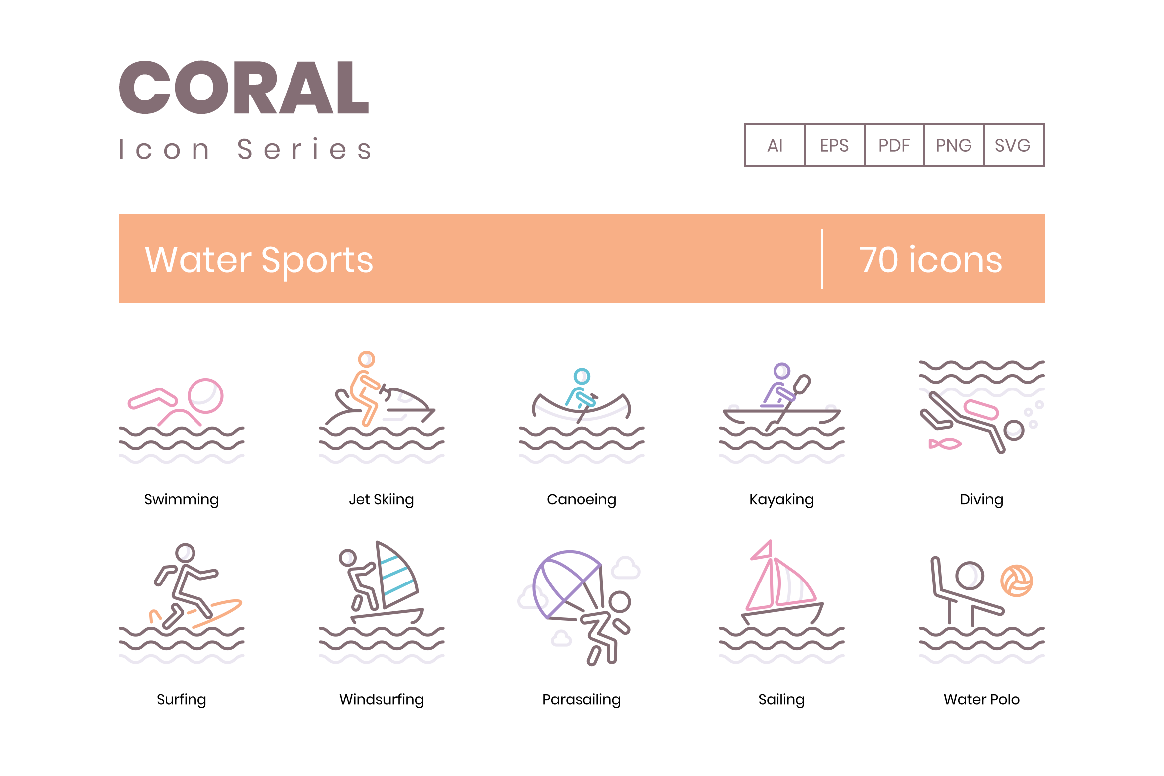 70 Water Sports Icons | Coral Series, an Icon by Flat Icons