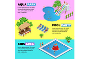 Aquapark horizontal web banners with different water slides, family ...