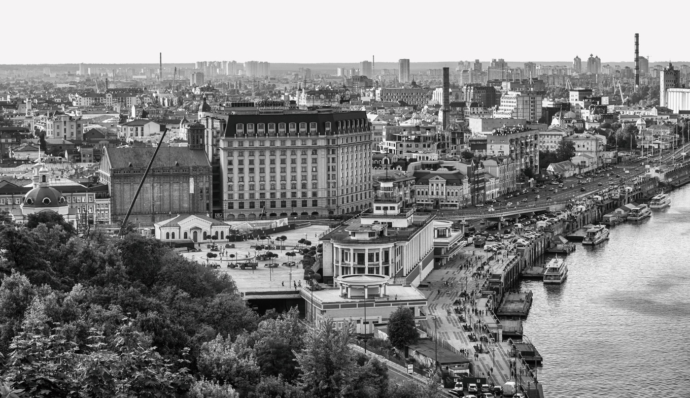 City with river view panorama bw featuring architecture, beach, and ...